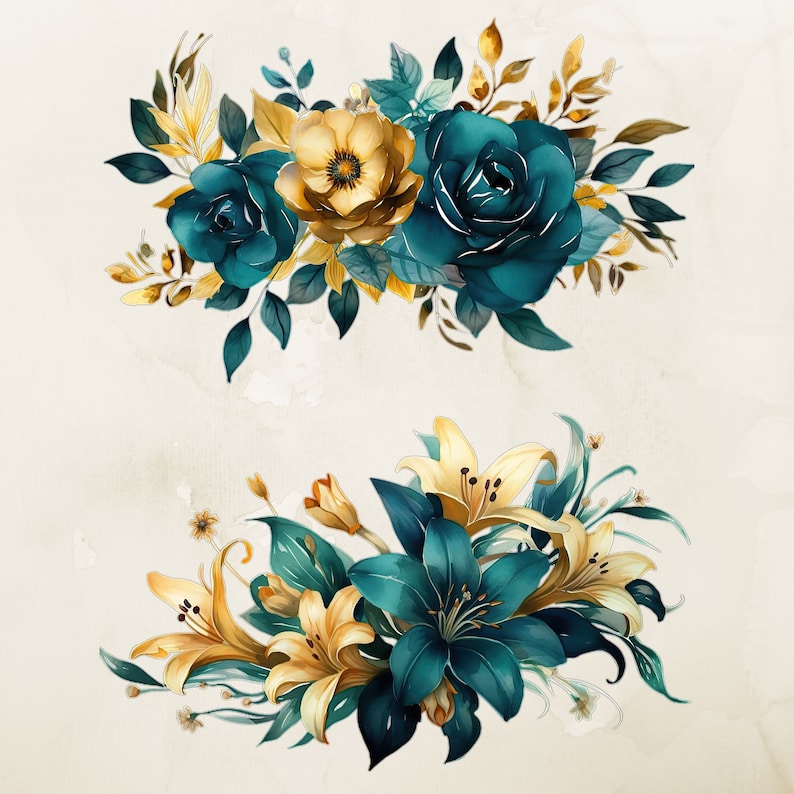 Teal and Gold Floral Clipart, Gold Teal Floral, Teal Gold Roses, Gold ...
