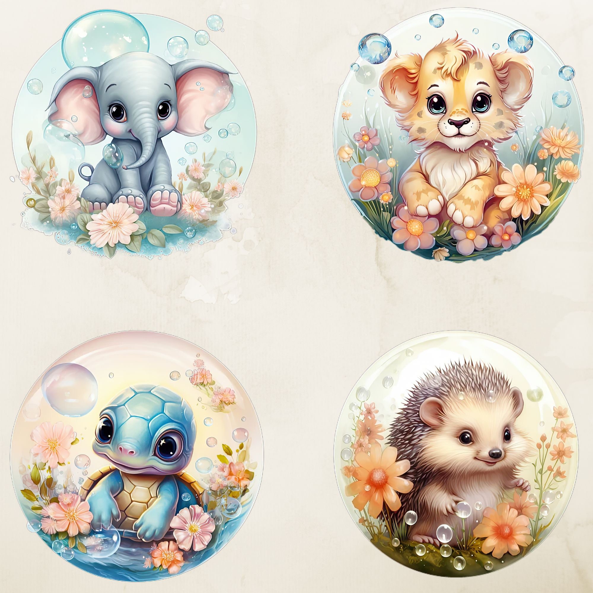 Watercolor Baby Animals in Bubbles Clipart, Animals Clipart ...