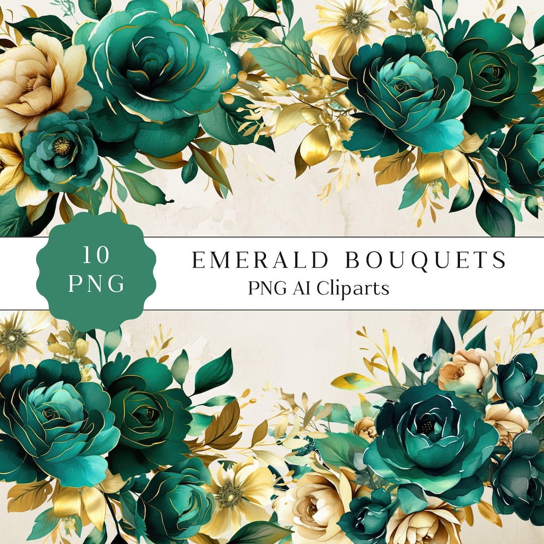 Watercolor Emerald Flower Bouquet Clipart, Wedding Floral (digital ...