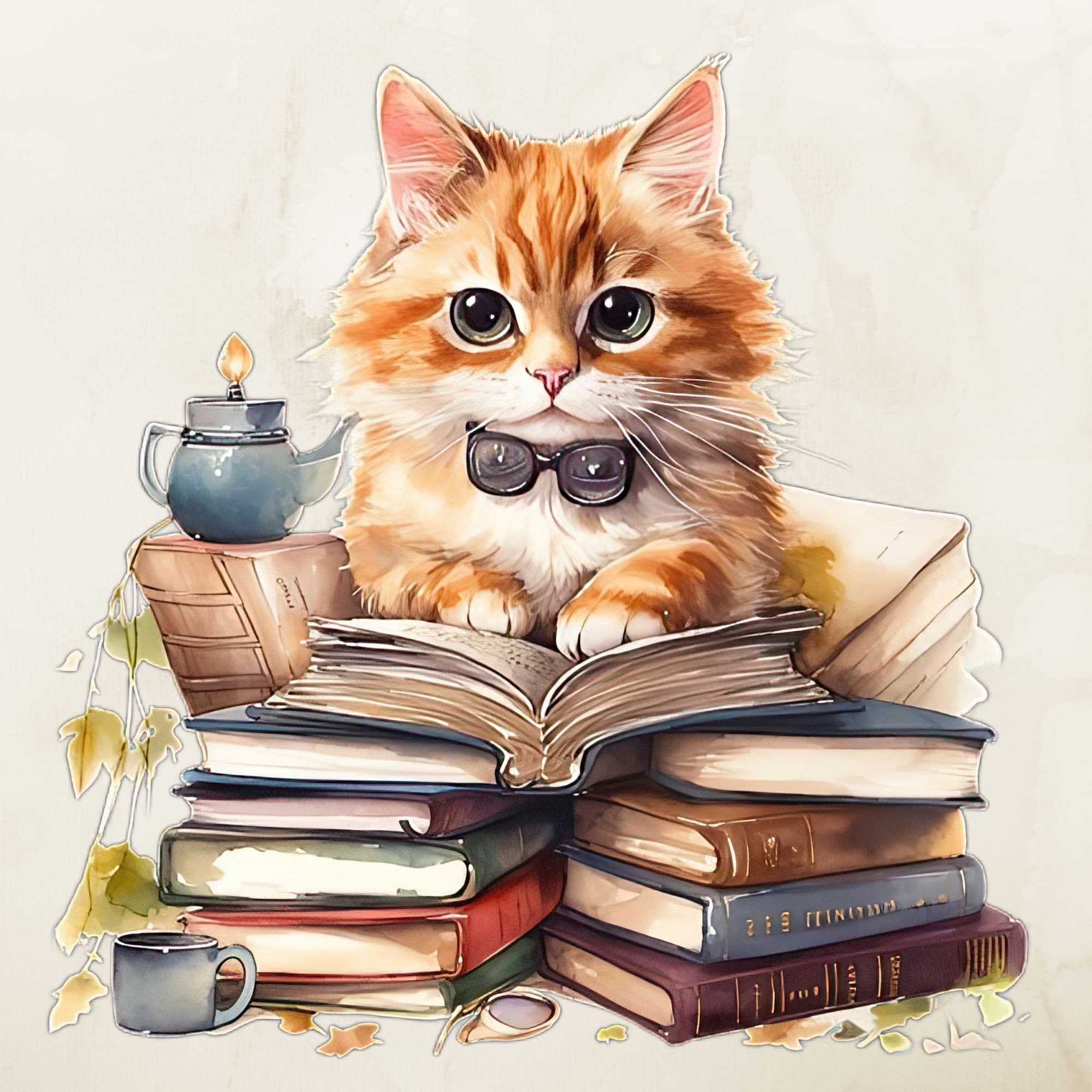 Cat Reading Books Clipart, Watercolor Cats Illustrations, Graphics for ...