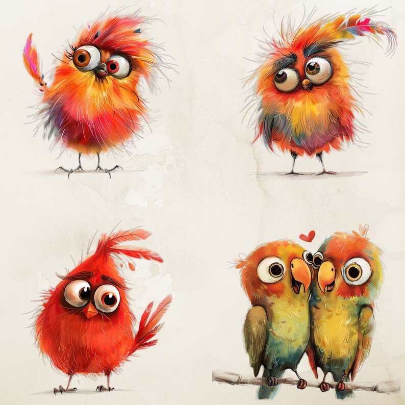 Whimsical Bird Clipart, Funny Caricature Designs (PNG) - Etsy