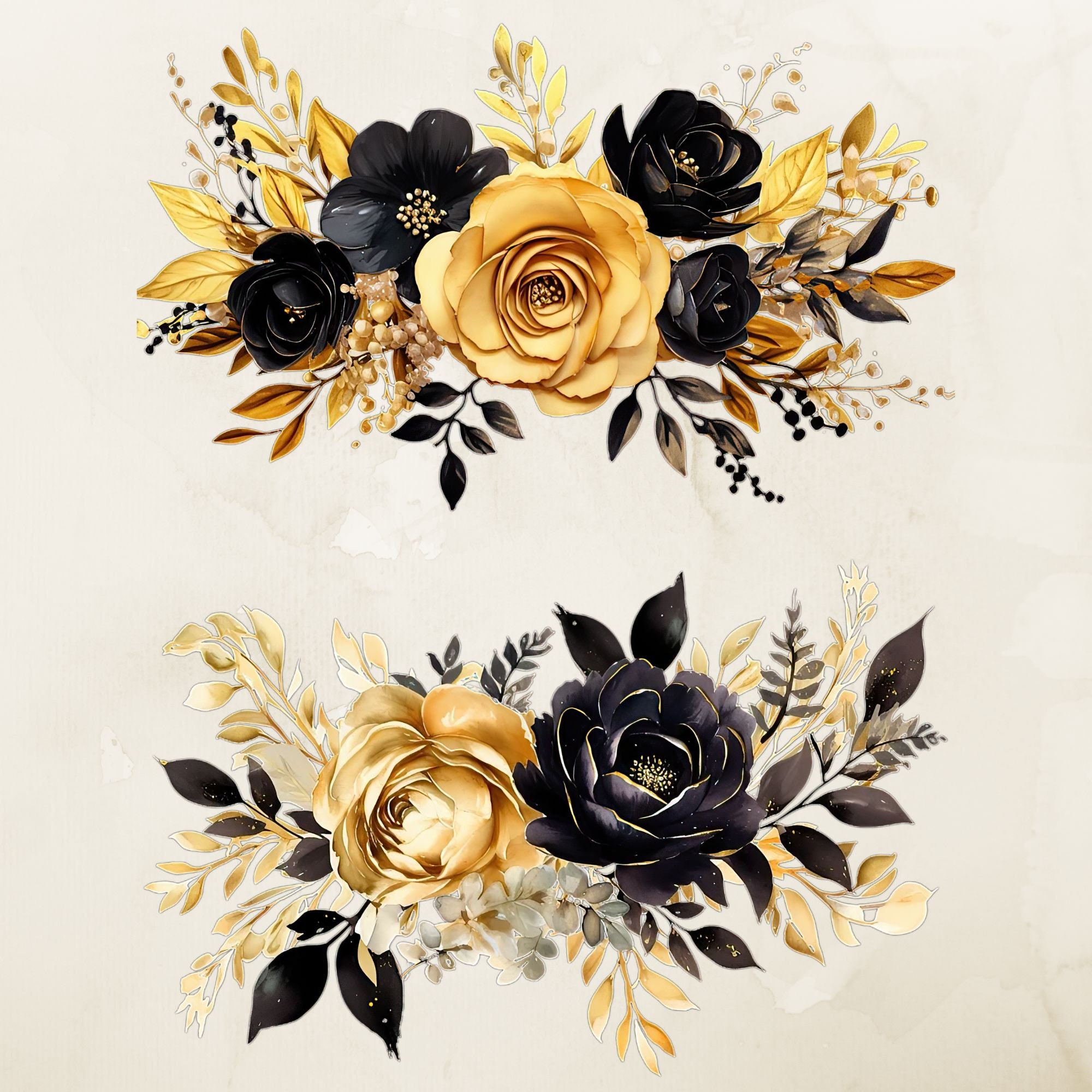 Black and Gold Bouquet Clipart, Watercolor Floral Clipart Bouquets ...