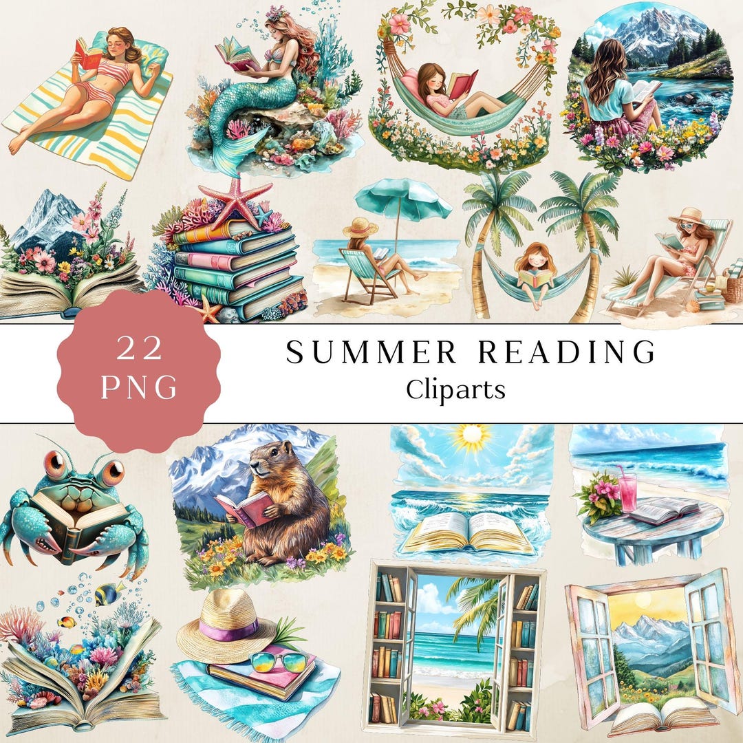 Summer Reading Clipart, Beach Bookworm PNG, Cute Beach Reading Png ...