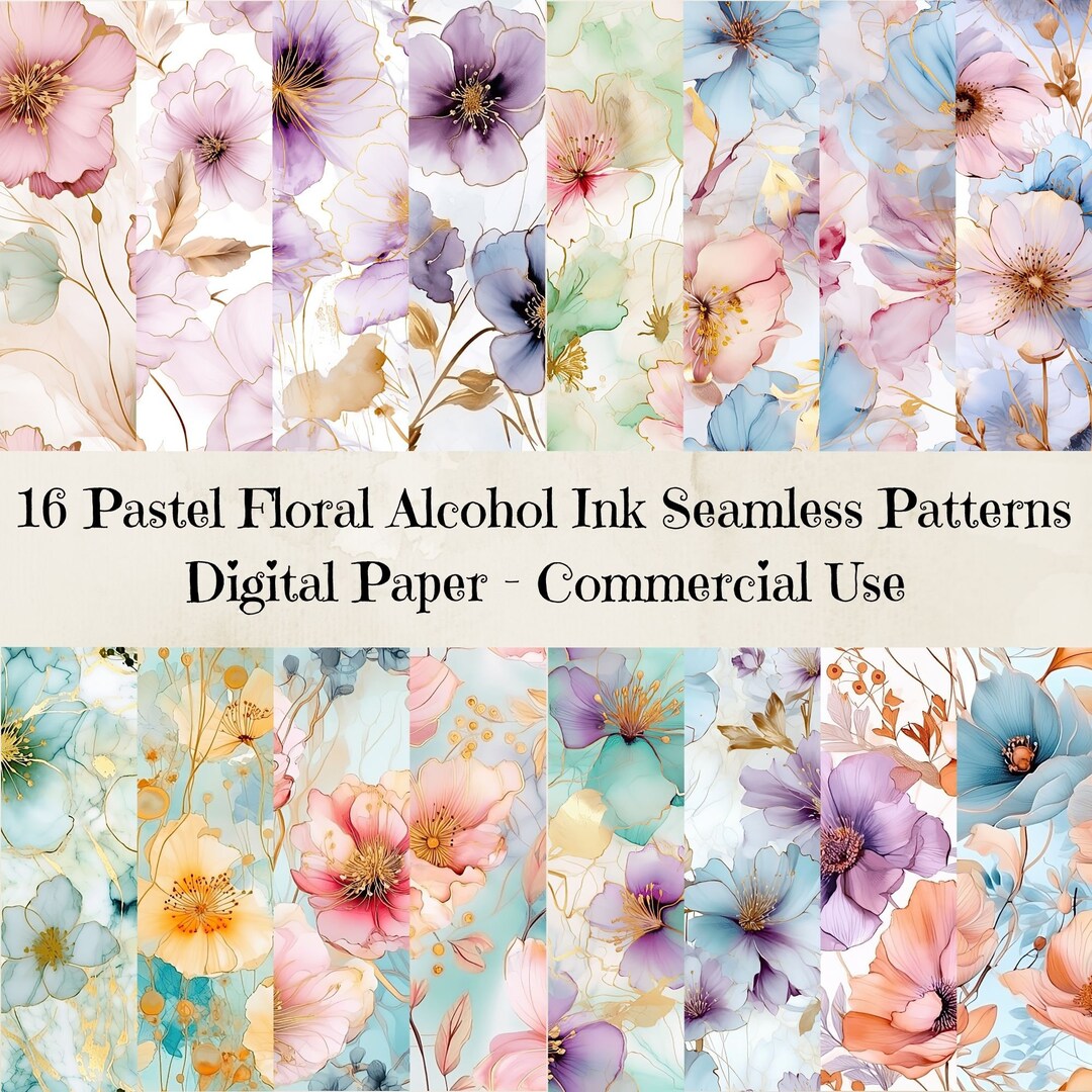 Pastel Alcohol Ink Flowers Seamless Patterns - Floral Ink Digital Paper ...