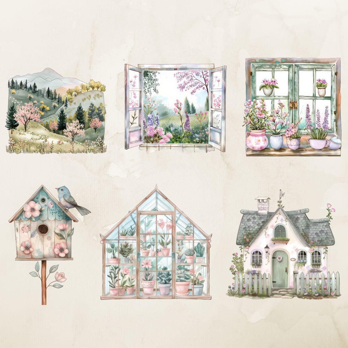 Watercolor Spring Cottage Clipart, Rustic Spring Illustrations, Cute ...