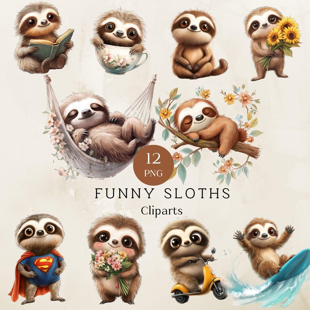 Funny Sloth Clipart, Cute Sloth Png, Instant Download for Scrapbooking ...