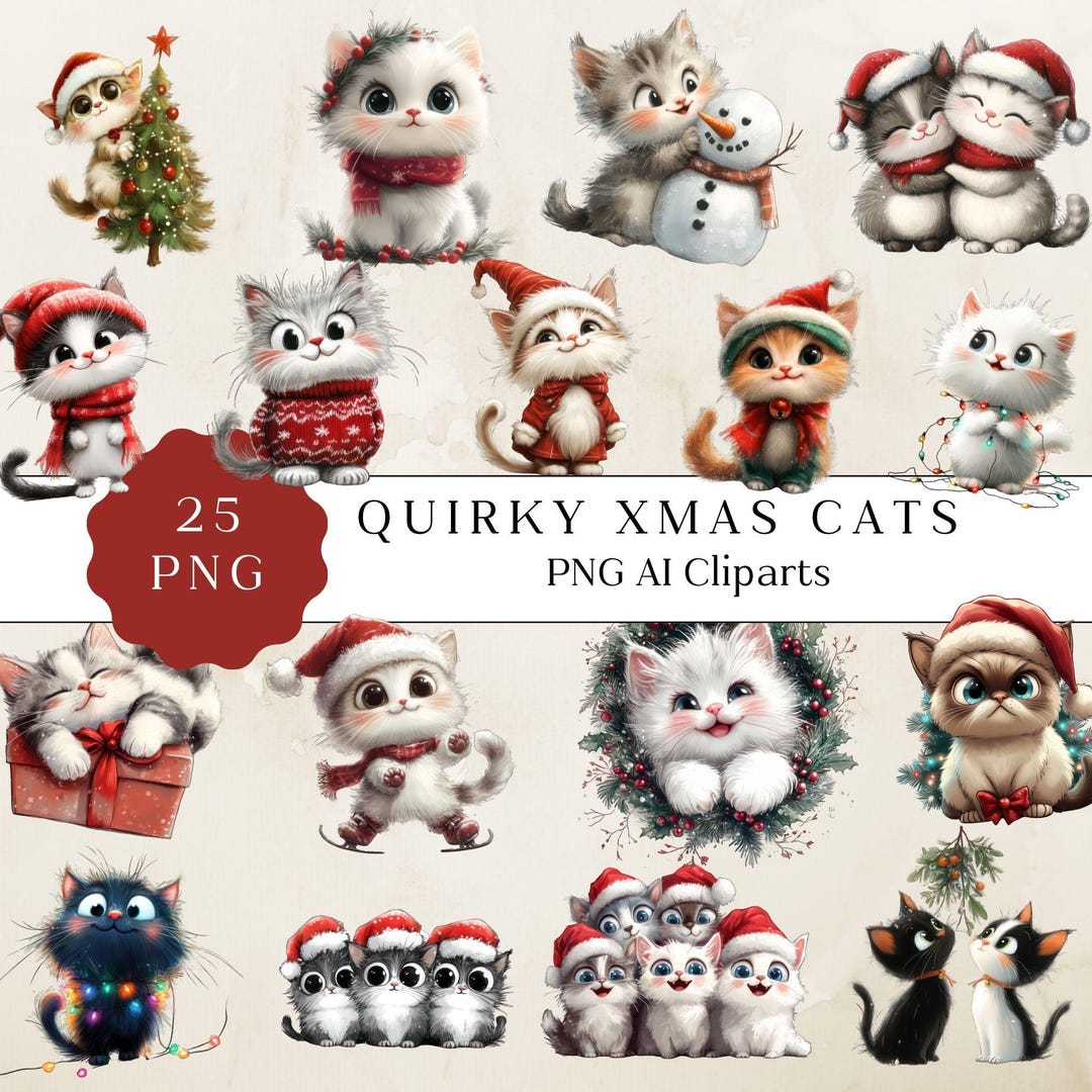 Quirky Christmas Cat Clipart, Funny Holiday Cats, Whimsical Cat ...