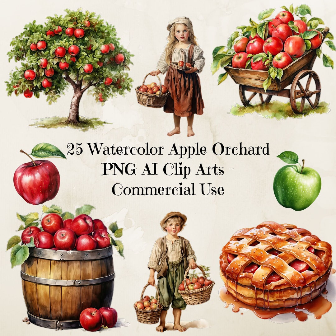 Apple Picking Clipart, Watercolor Apples Clipart, Apple Orchard ...