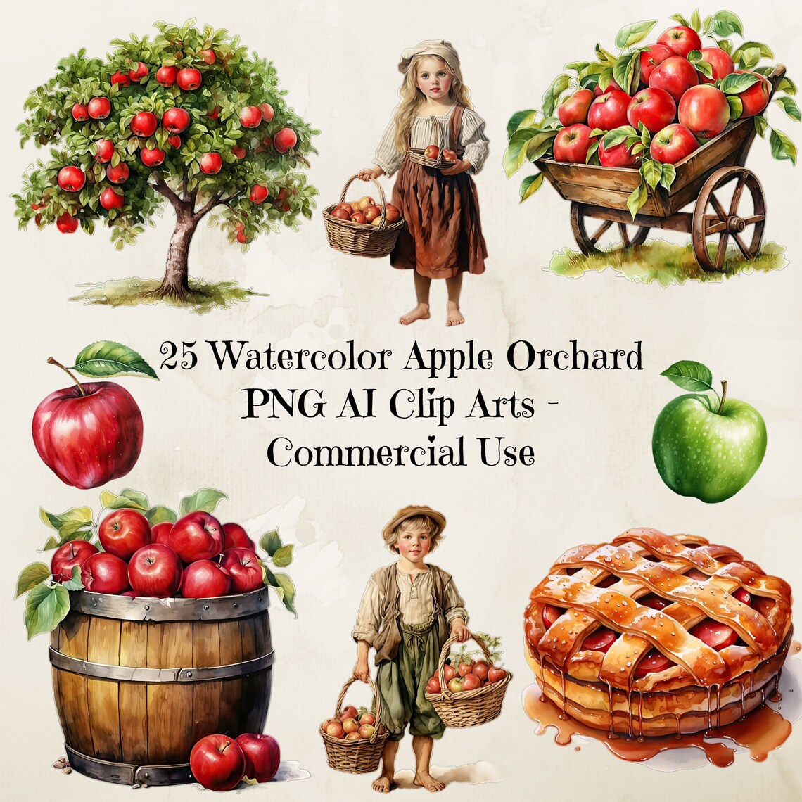 Apple Picking Clipart, Watercolor Apples Clipart, Apple Orchard ...