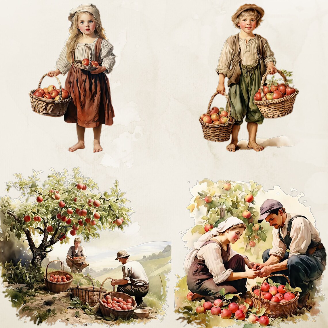 Apple Picking Clipart, Watercolor Apples Clipart, Apple Orchard ...