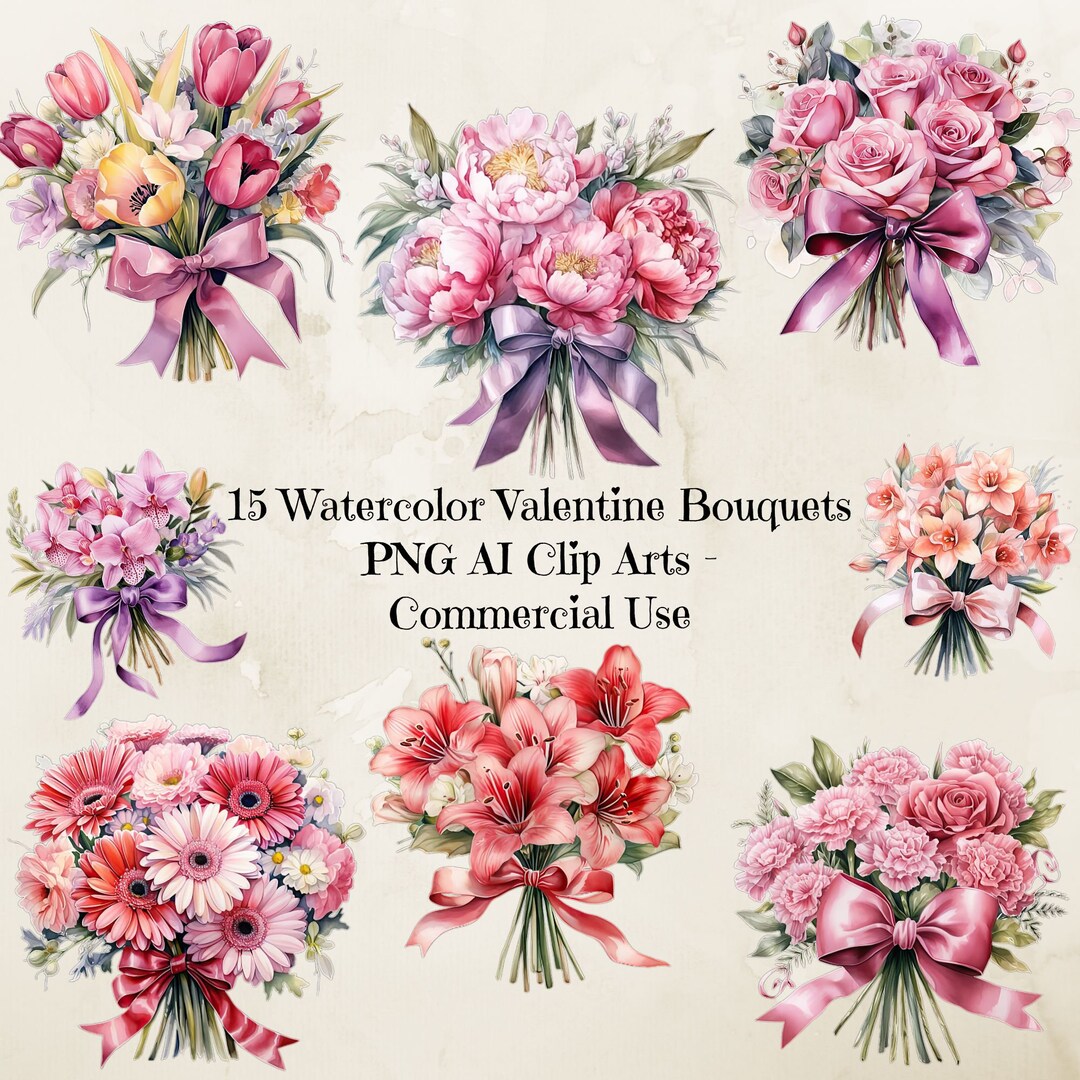 Watercolor Bouquets Clipart, Valentine's Day Clipart, Watercolor ...