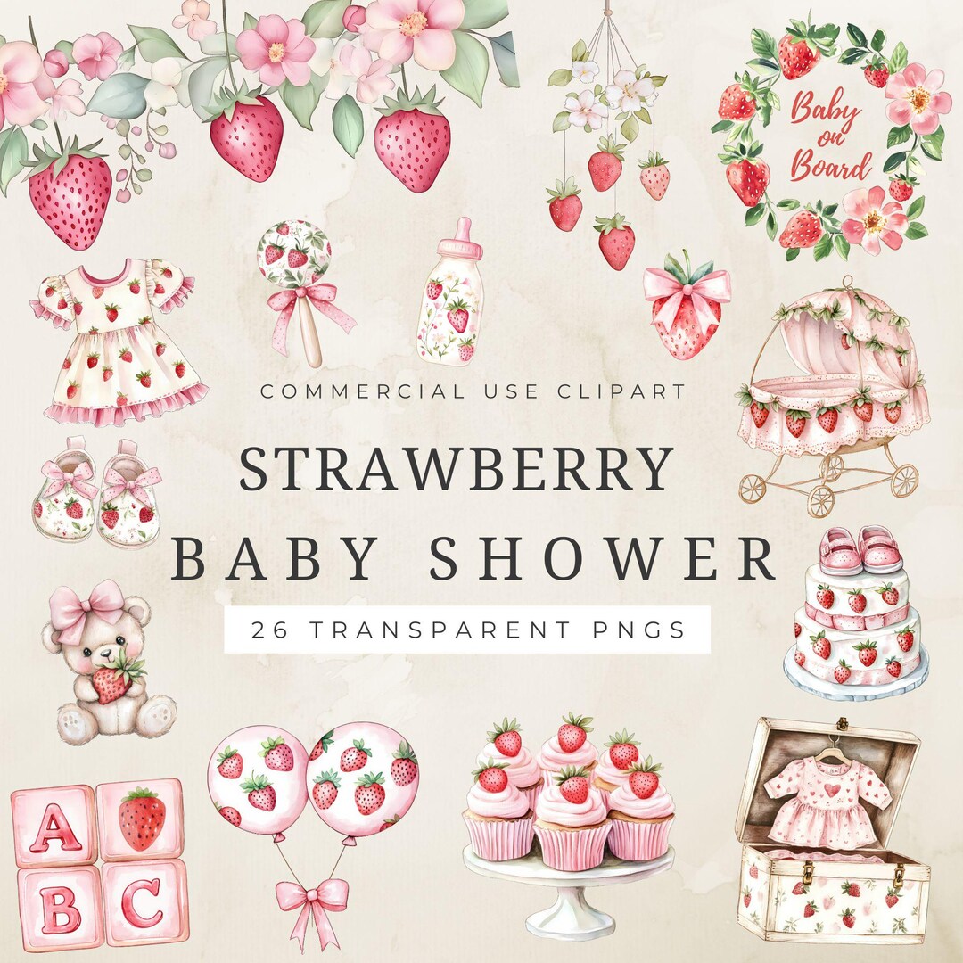 Strawberry Baby Girl Clipart, Cute Strawberry PNG, Baby Shower Clipart ...