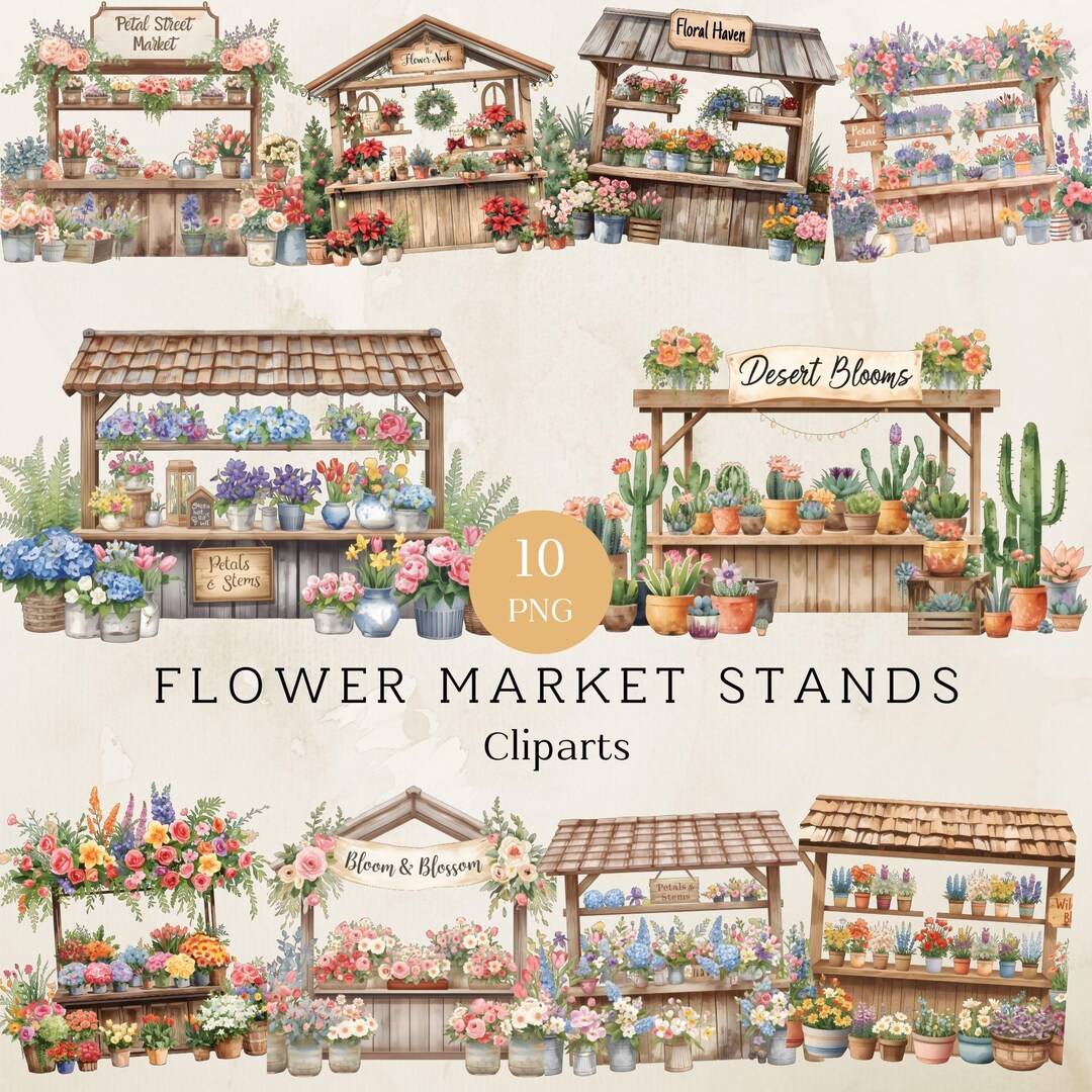 Watercolor Flower Market Stand Clipart, 10 PNG Set (digital Download ...
