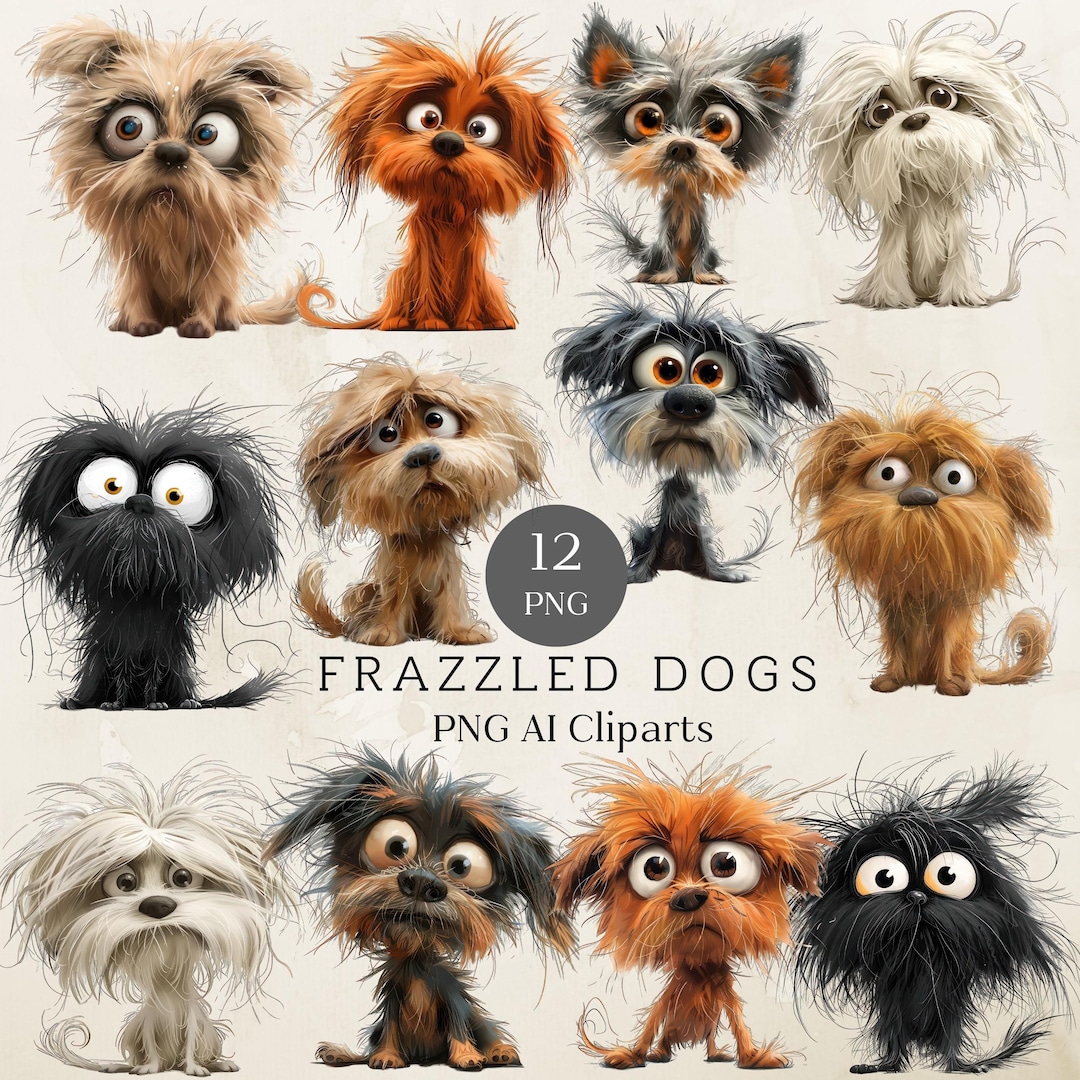 Funny Frazzled Dog Clipart, Quirky Puppy Clipart, 12 Messy Hair Dog ...