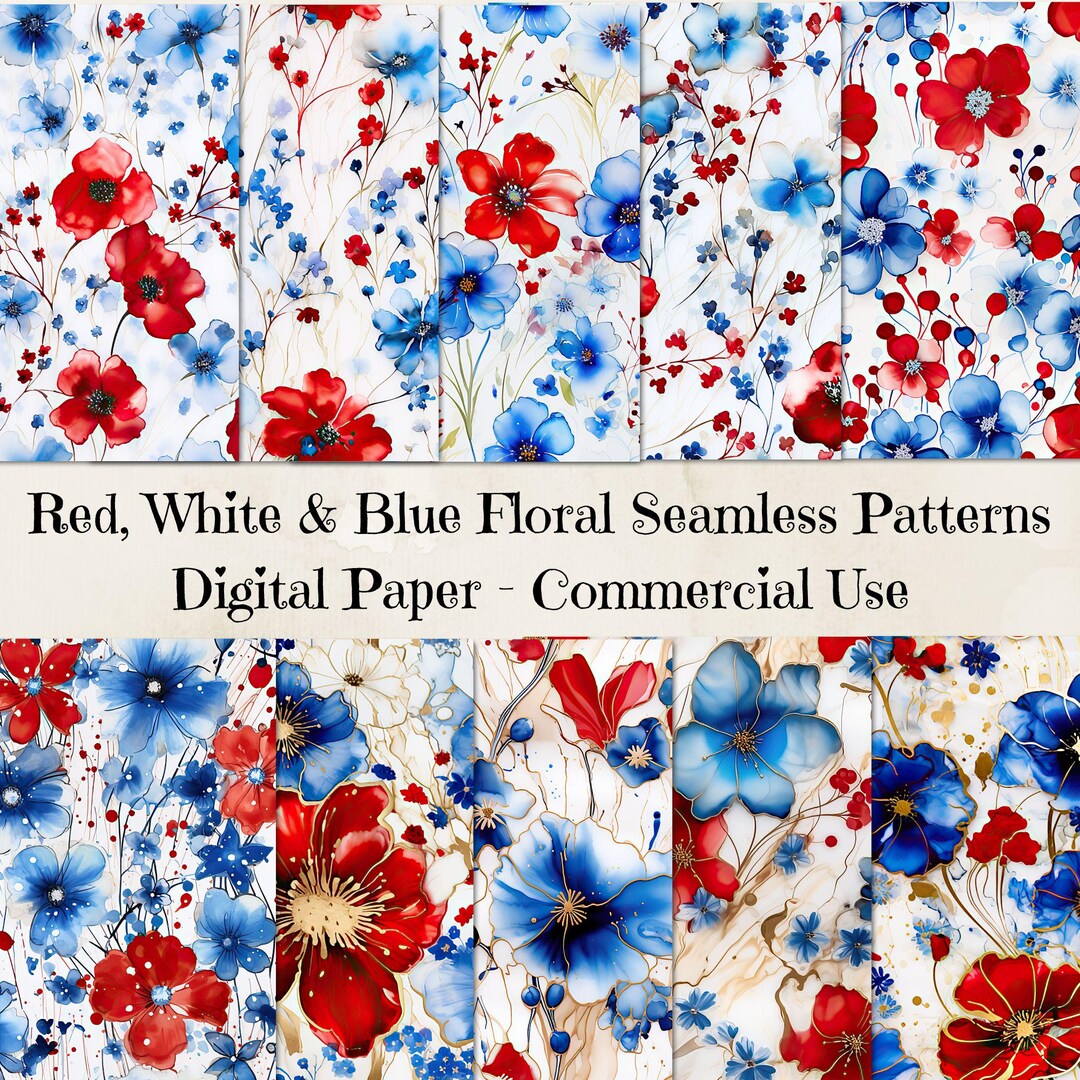 Red White and Blue Flower Digital Paper, Red White Blue Flowers Repeat ...
