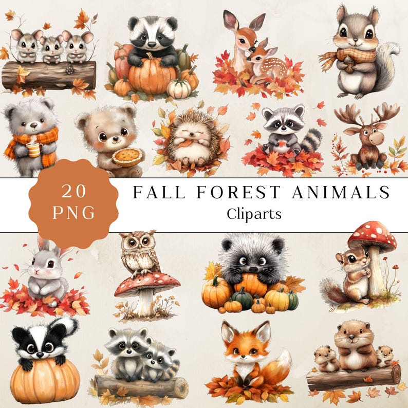 Autumn Woodland Animal Clipart, Cute Fall Animals, Digital Download ...