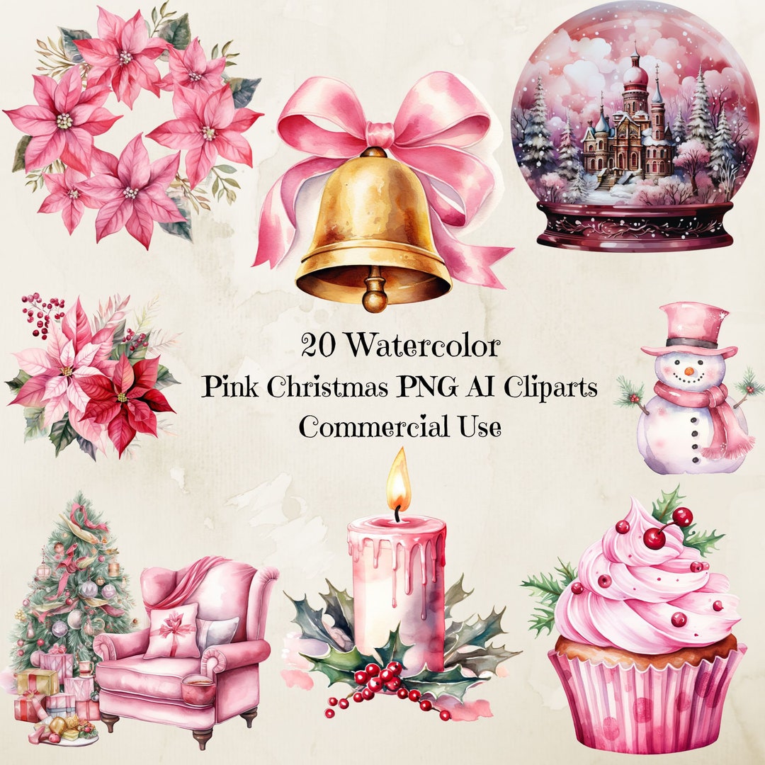 Pink Christmas Png Clipart Pink Holiday Watercolor Clipart - Etsy