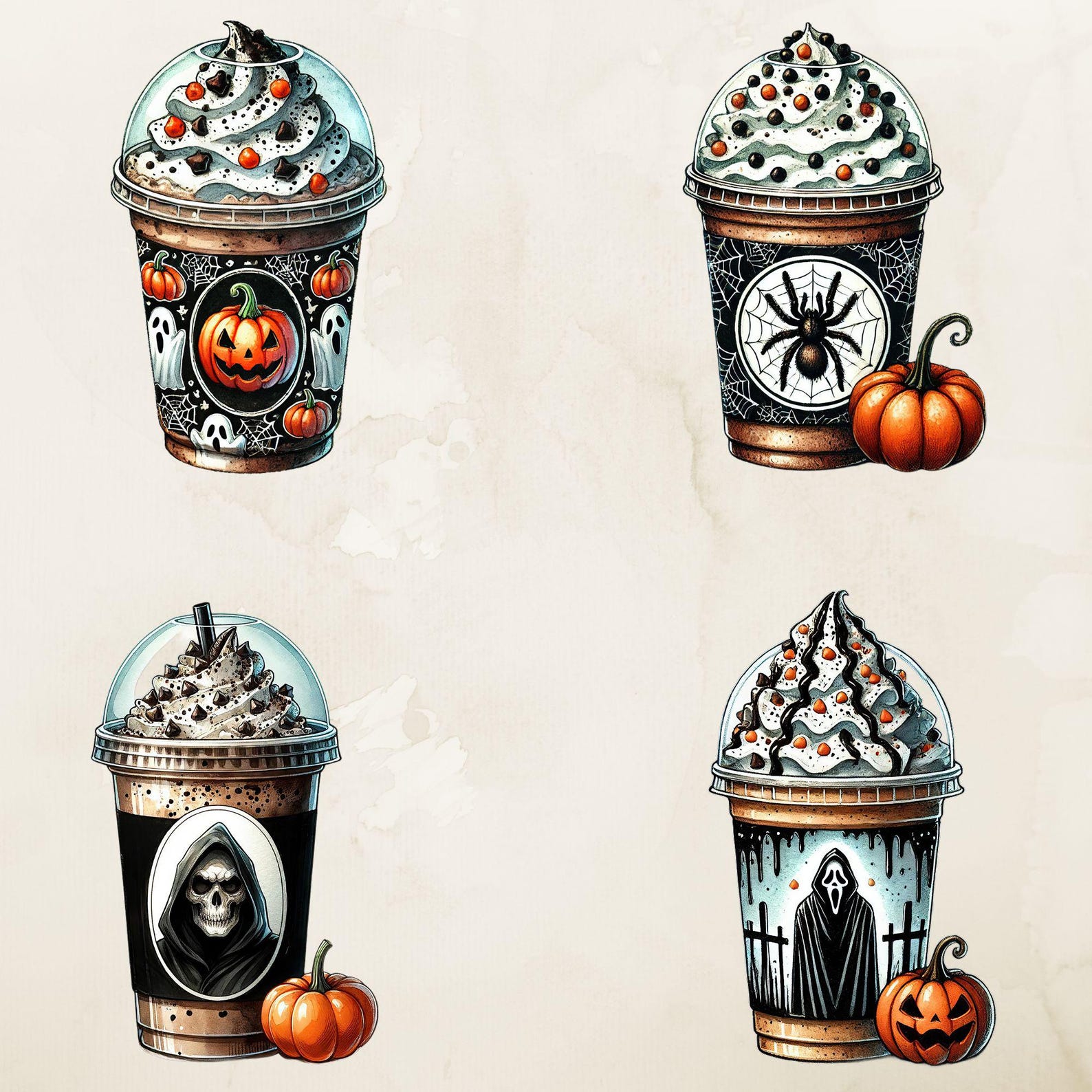 Halloween Coffee Clipart Set, Scary Gothic Watercolor Hot Coffee Drink ...