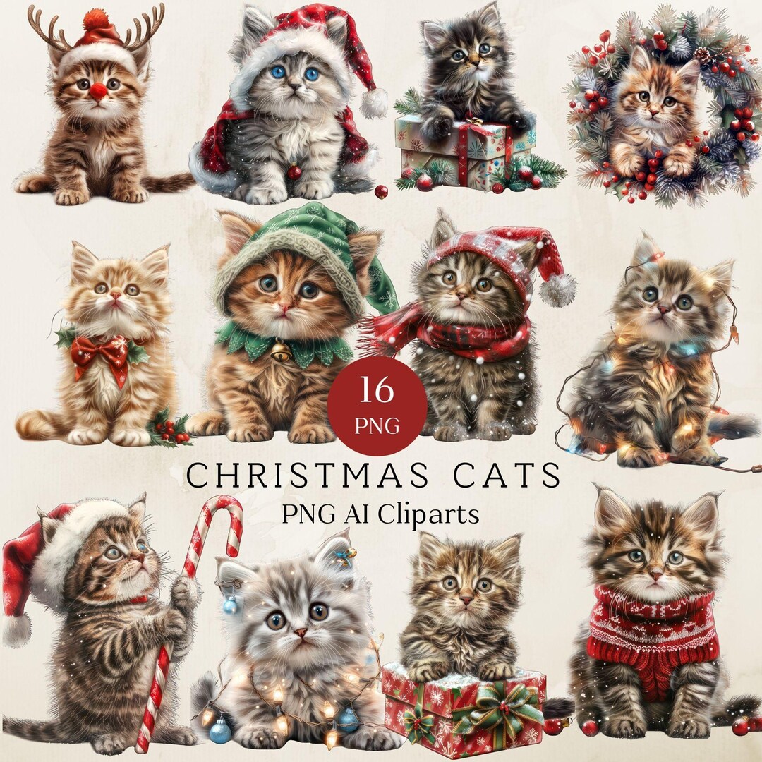 Watercolor Christmas Cat Clipart Bundle, Cute Christmas Cat Clipart ...