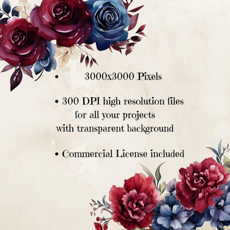 Burgundy Navy Floral Clipart, Watercolor Flowers for Wedding ...