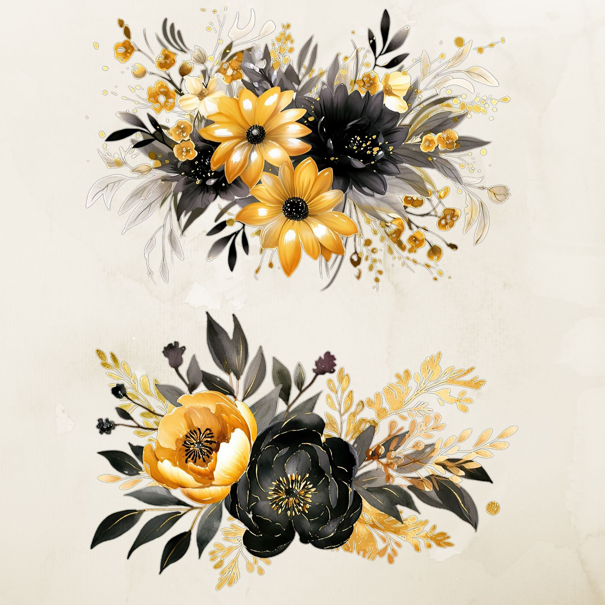 Black and Gold Bouquet Clipart, Watercolor Floral Clipart Bouquets ...