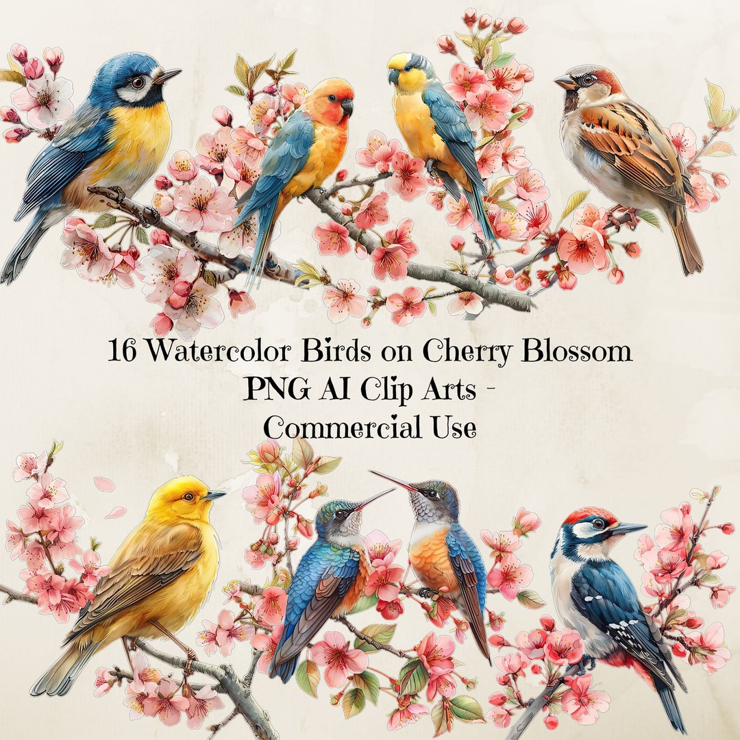 Birds and Cherry Blossoms Clipart, Birds and Blossoms Junk Journal Set ...