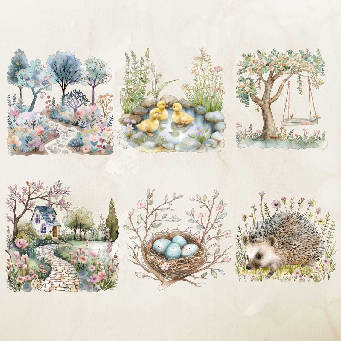 Watercolor Spring Cottage Clipart, Rustic Spring Illustrations, Cute ...