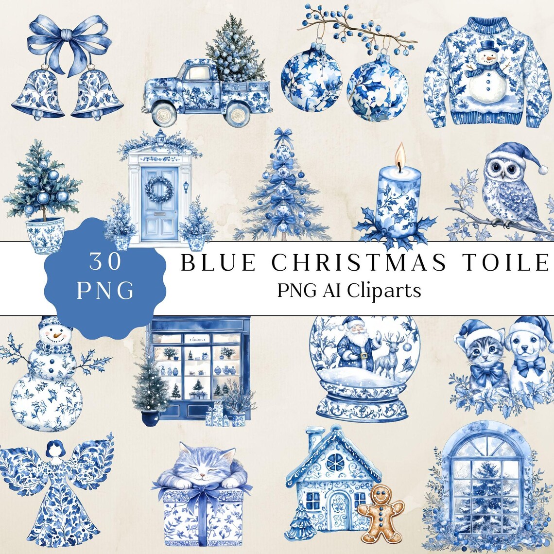 Blue Christmas Toile Clipart, Holiday Graphics (PNG, Digital Download ...