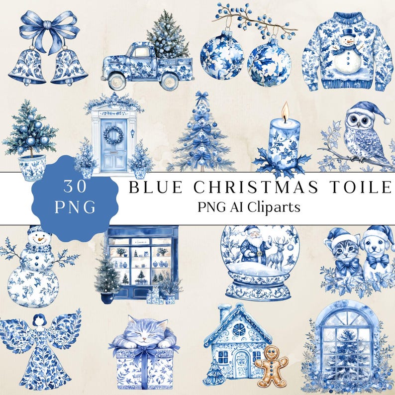 Blue Christmas Toile Clipart, Holiday Graphics (PNG, Digital Download ...