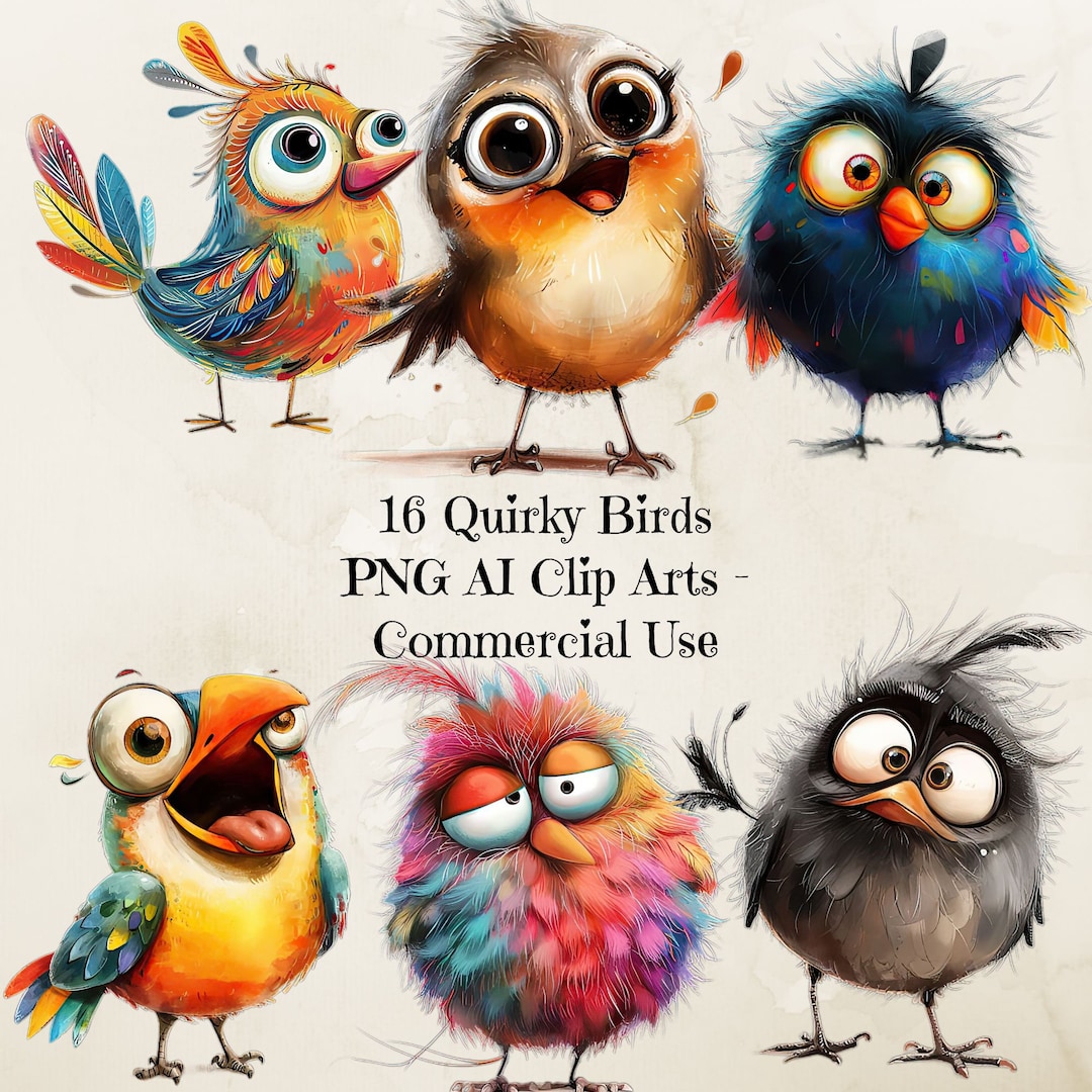 Quirky Bird Clipart, Mixed Media Quirky Bird Clip Art, Cute Caricature ...