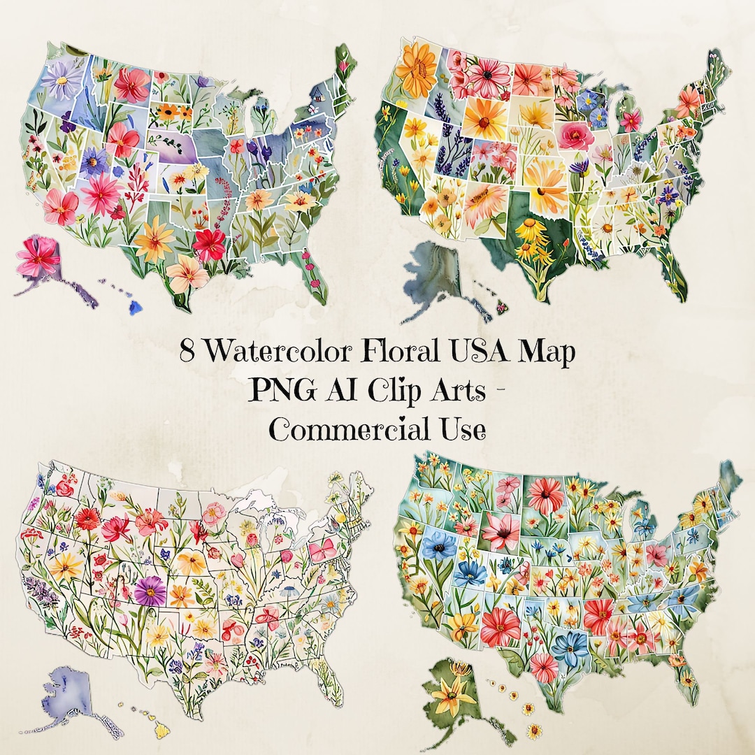 USA Map Clipart Floral, United States Floral Map, United States Png ...
