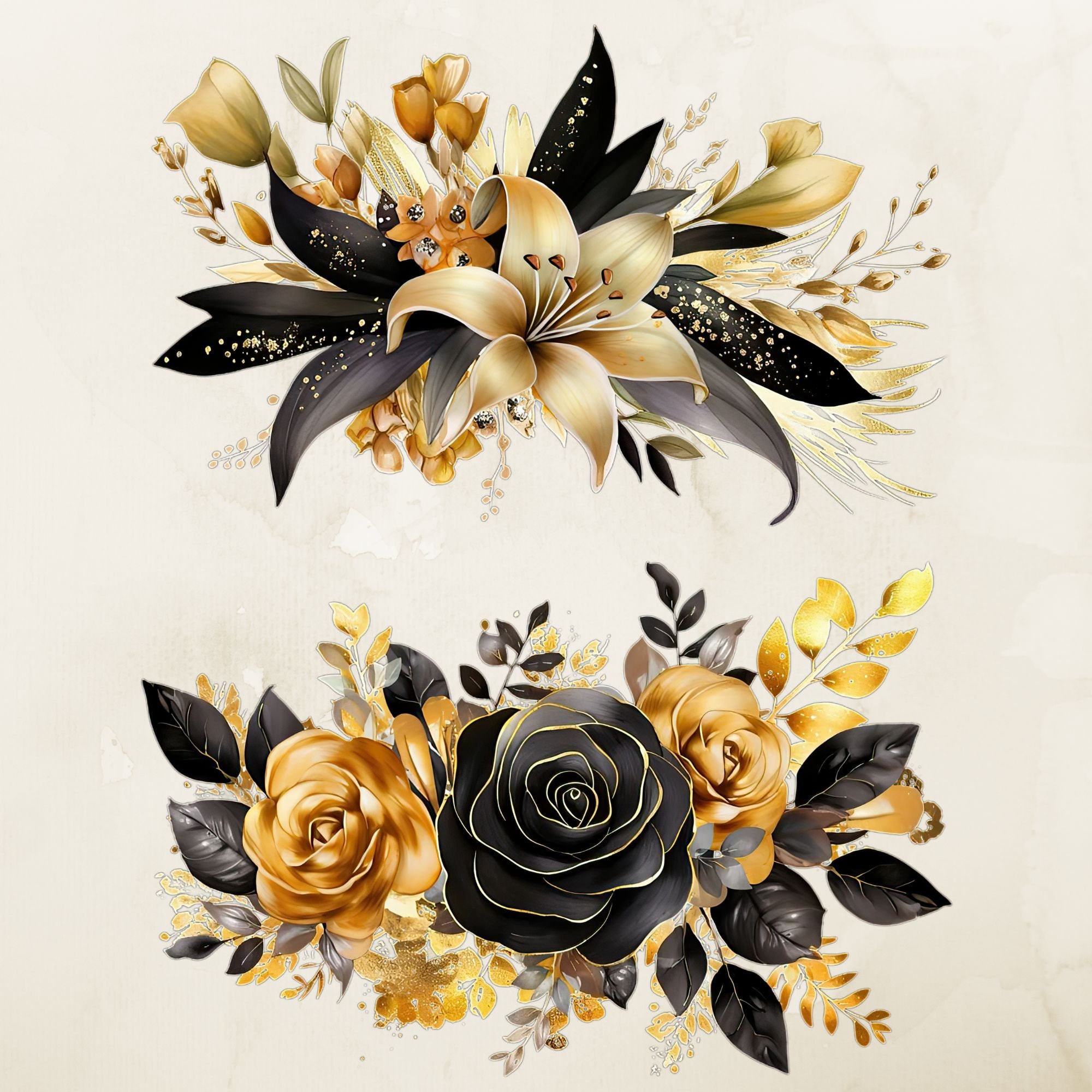 Black and Gold Bouquet Clipart, Watercolor Floral Clipart Bouquets ...