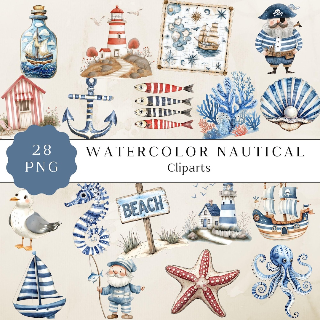 Watercolor Nautical Clipart, Nautical Png Graphics, Coastal Beach ...