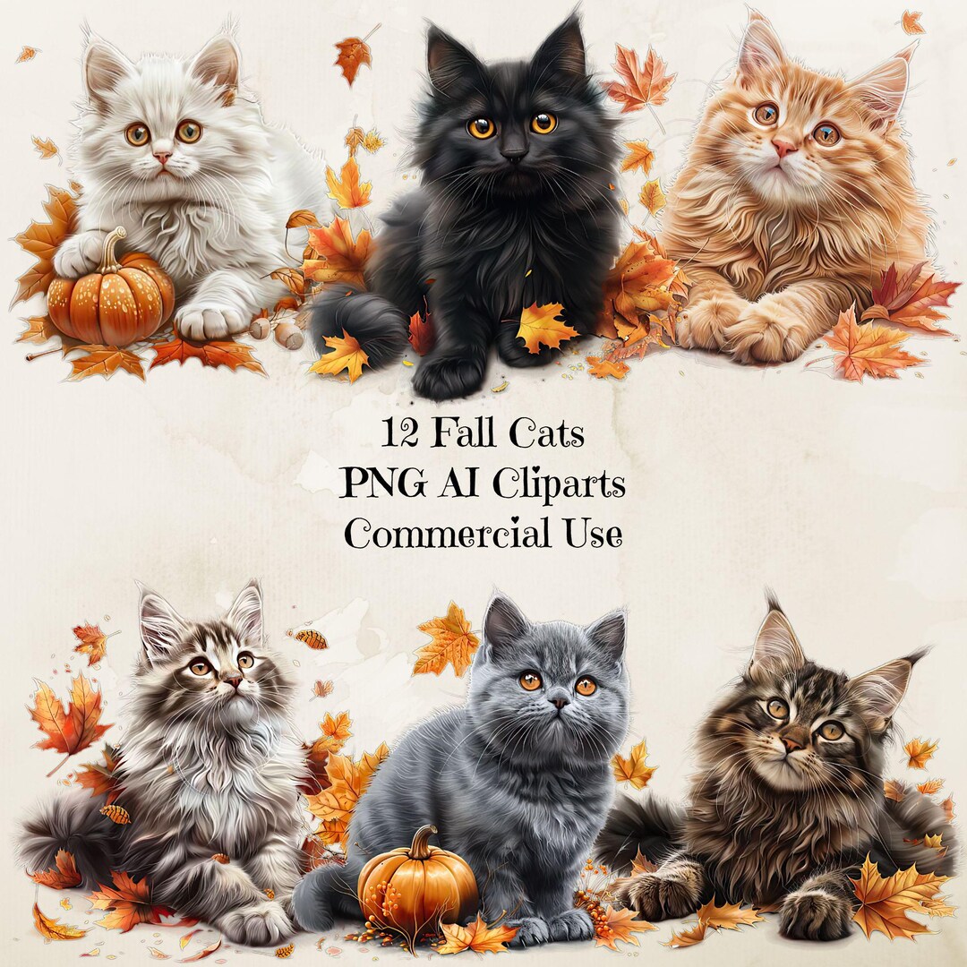 Fall Cat Clipart, Cute Autumn Cats Clipart, Cat Clip Art, Fall Cat ...