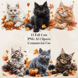 Fall Cat Clipart, Cute Autumn Cats Clipart, Cat Clip Art, Fall Cat ...