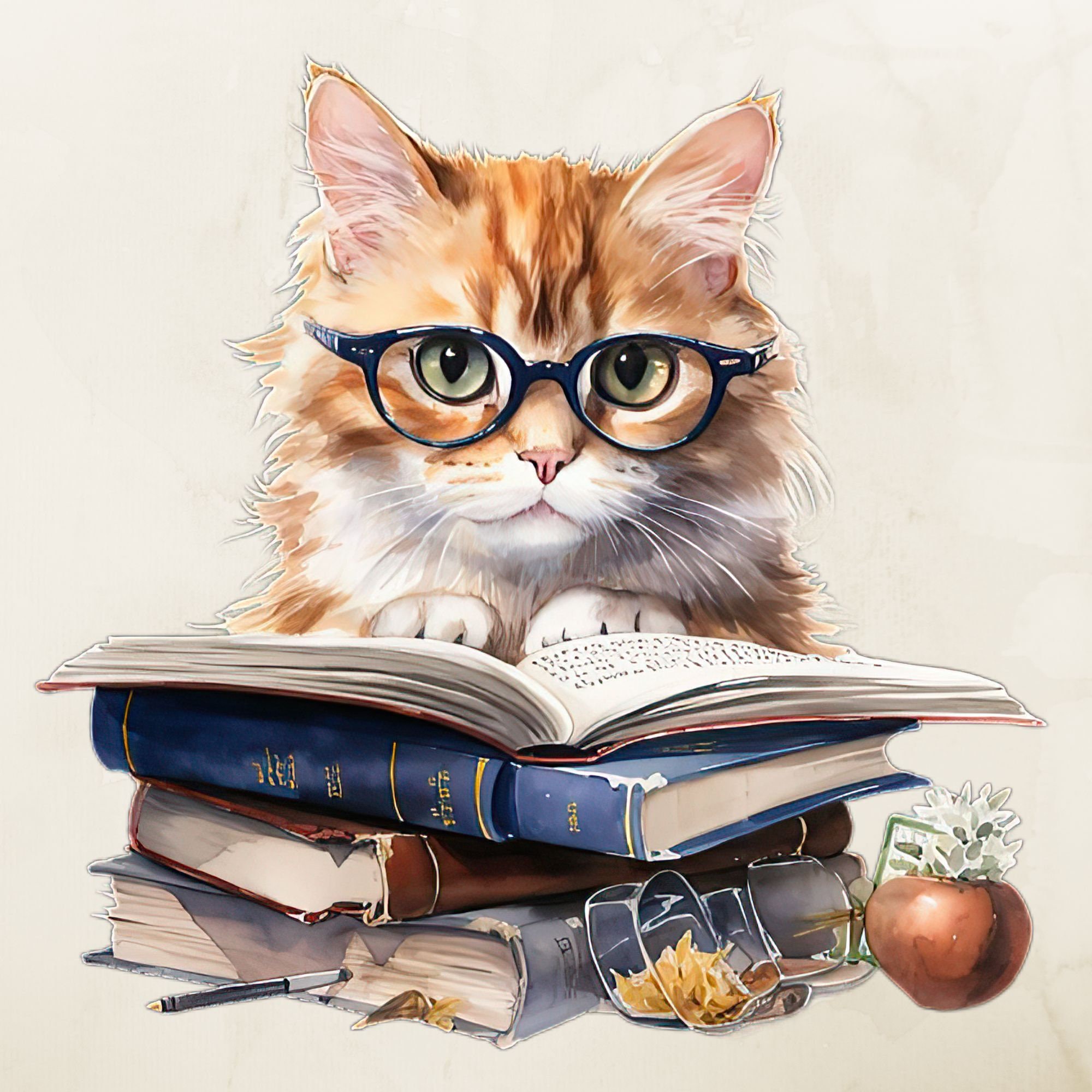 Cat Reading Books Clipart, Watercolor Cats Illustrations, Graphics for ...