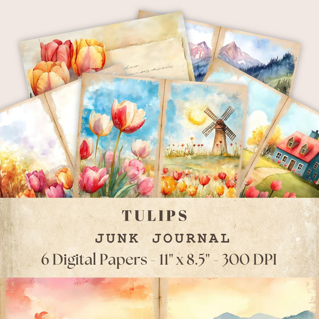 Tulip Junk Journal Pages, Printable Digital Scrapbooking Ephemera ...