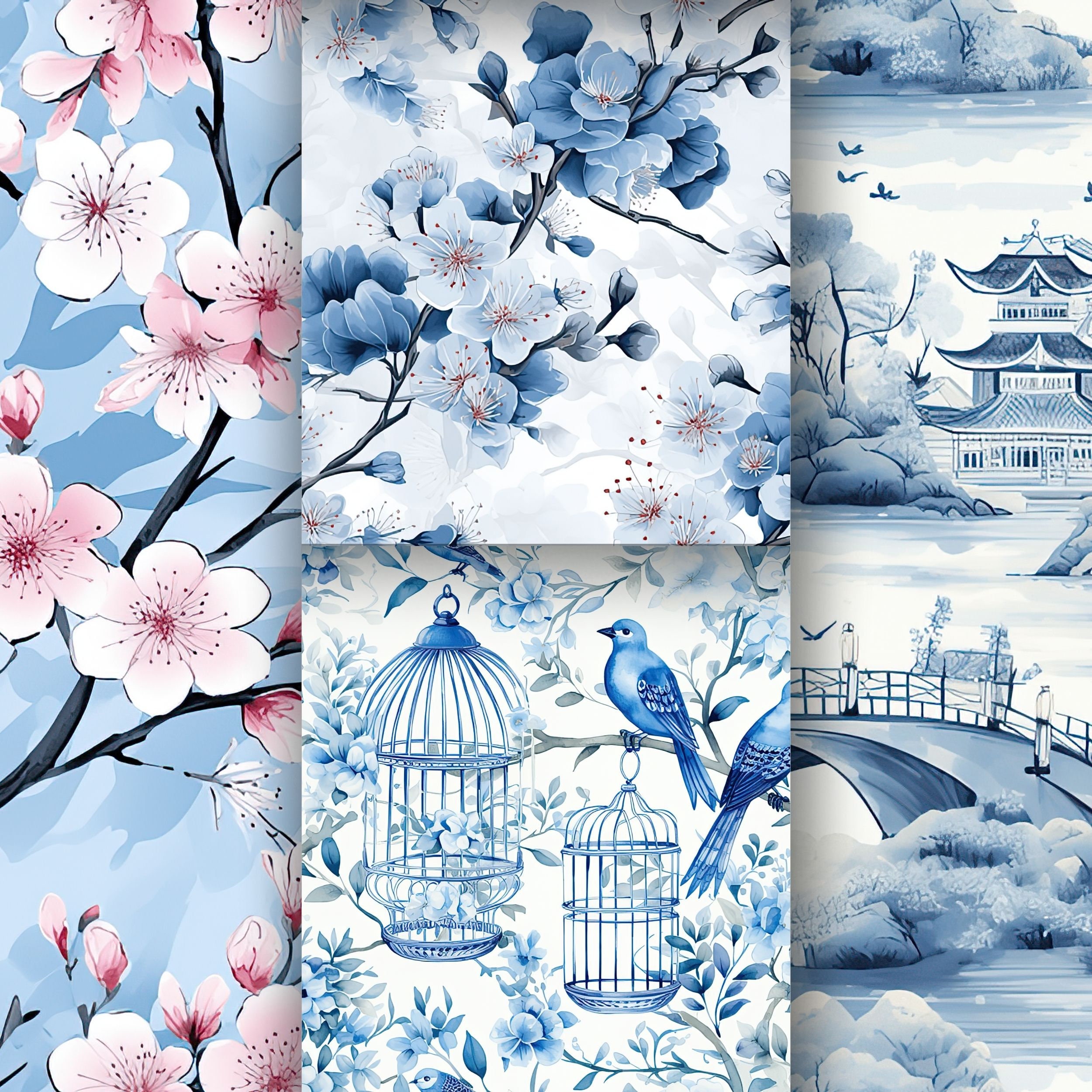Chinoiserie Pattern Digital Papers, Vintage Chinoiserie Toile Prints ...
