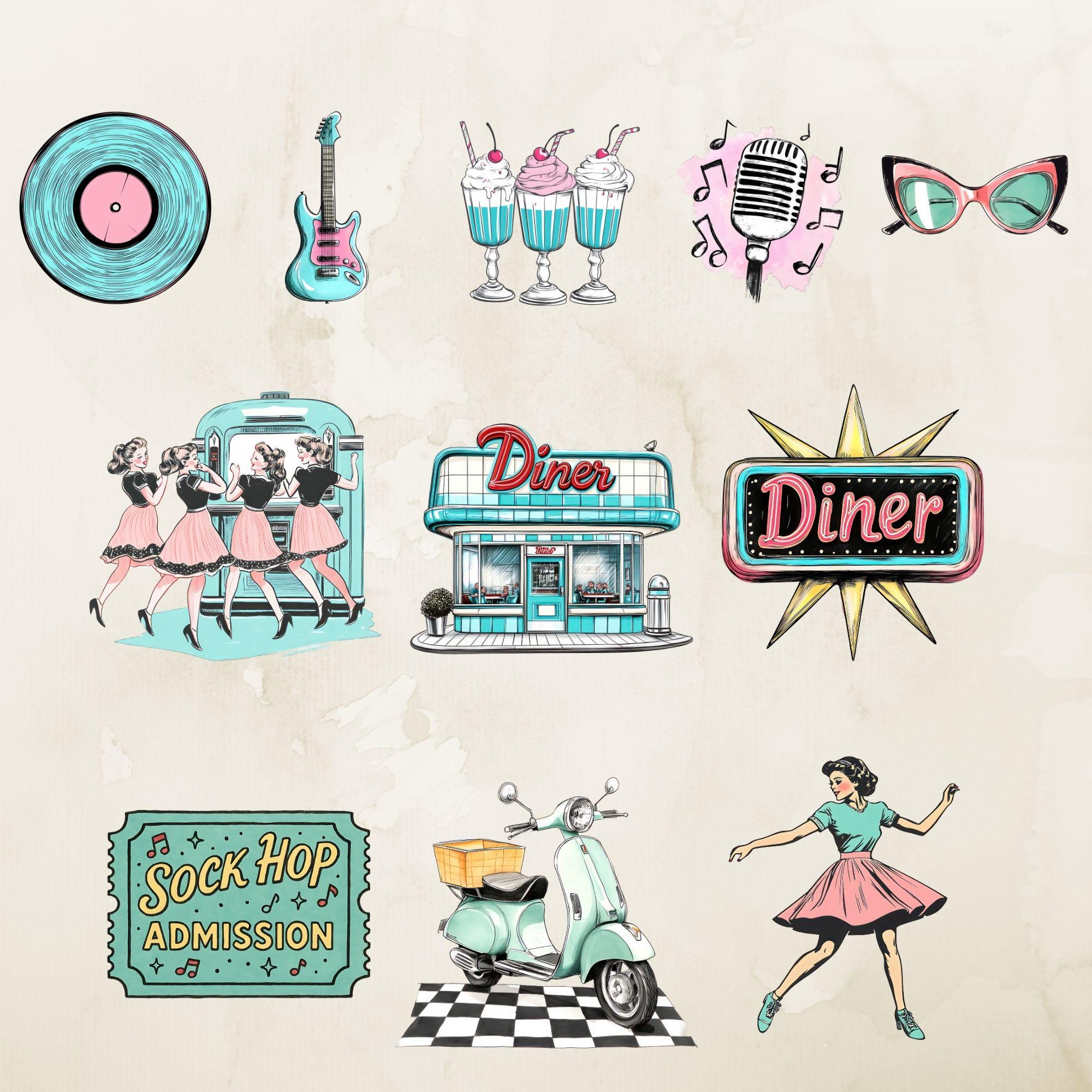 Sock Hop Clipart, Vintage 50s Retro Graphics, 50s Retro Diner Graphics ...