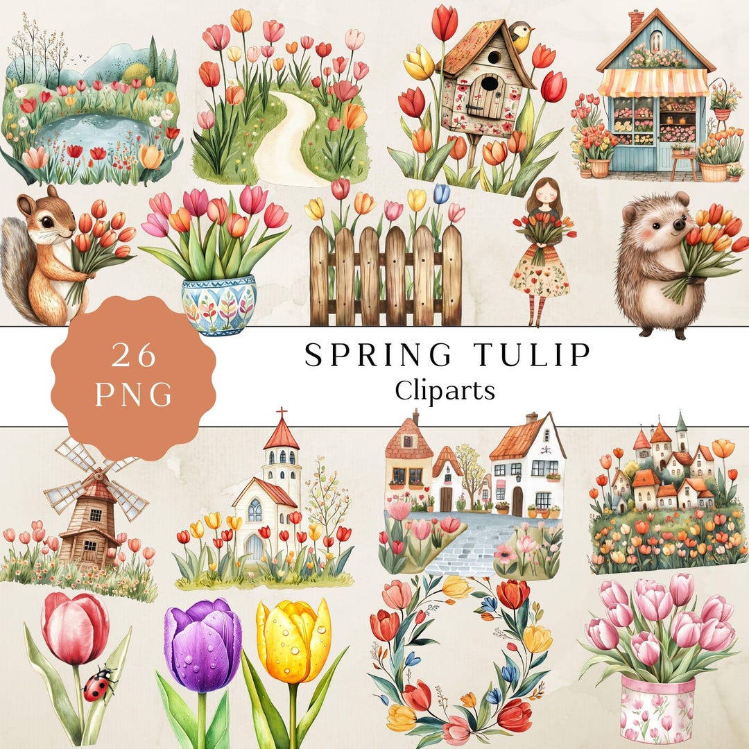 Spring Tulip Clipart, Watercolor Tulips, Digital Download for Crafting ...