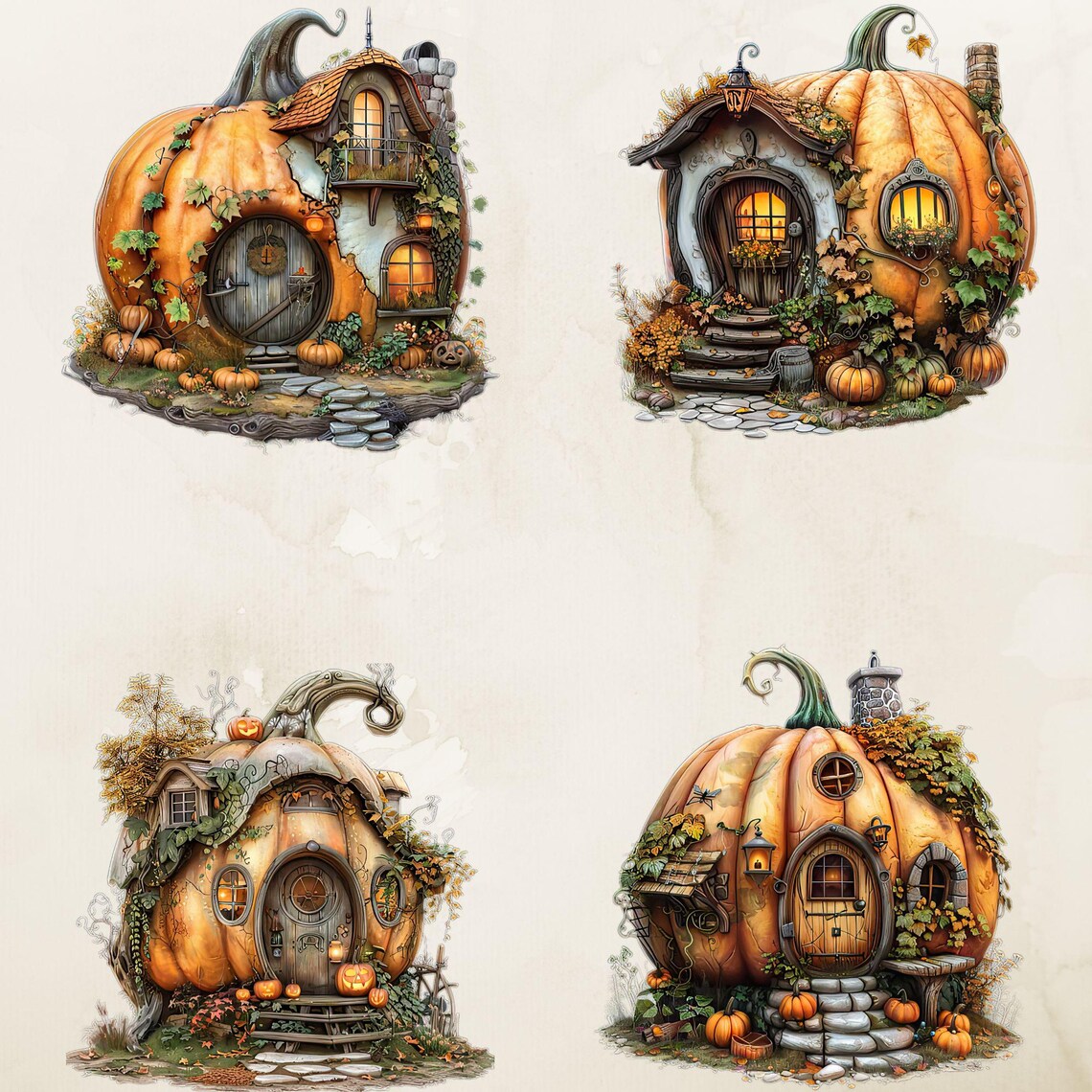 Watercolor Autumn Fairy House Clipart, Pumpkin Fantasy PNG (digital ...