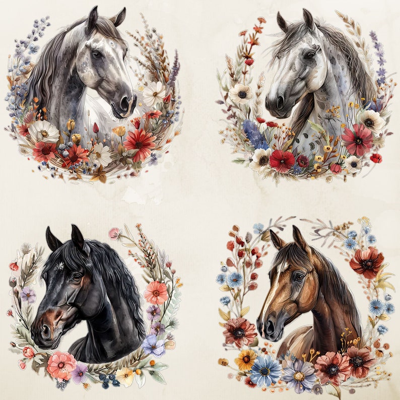 Watercolor Boho Horses Clipart, Horse Sublimation Designs, Floral ...