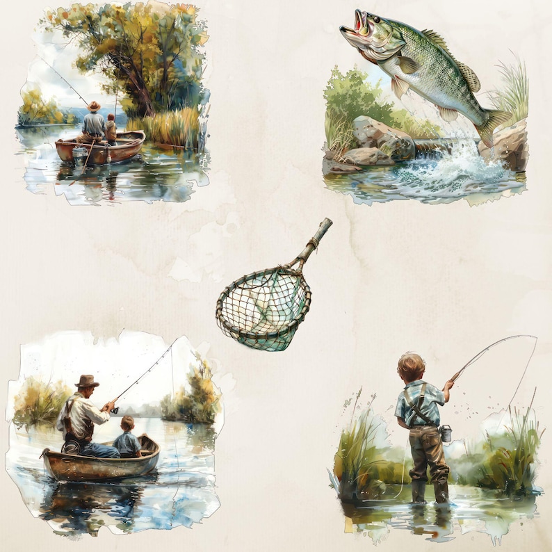 Watercolor Fishing Clipart Bundle, Transparent PNG Graphics (digital ...