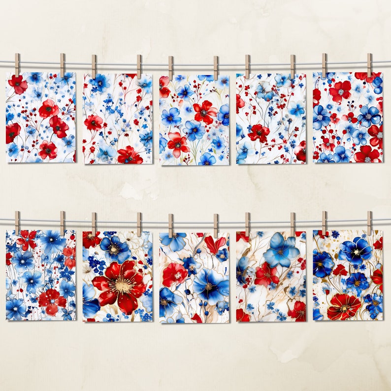 Red White and Blue Flower Digital Paper, Red White Blue Flowers Repeat ...