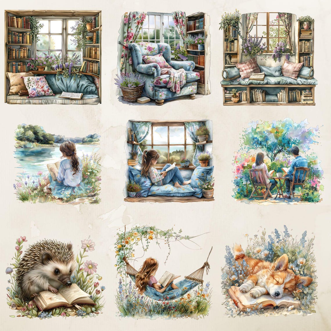 Watercolor Spring Reading Clipart, Book Lover Clipart, Cute Bookworm ...