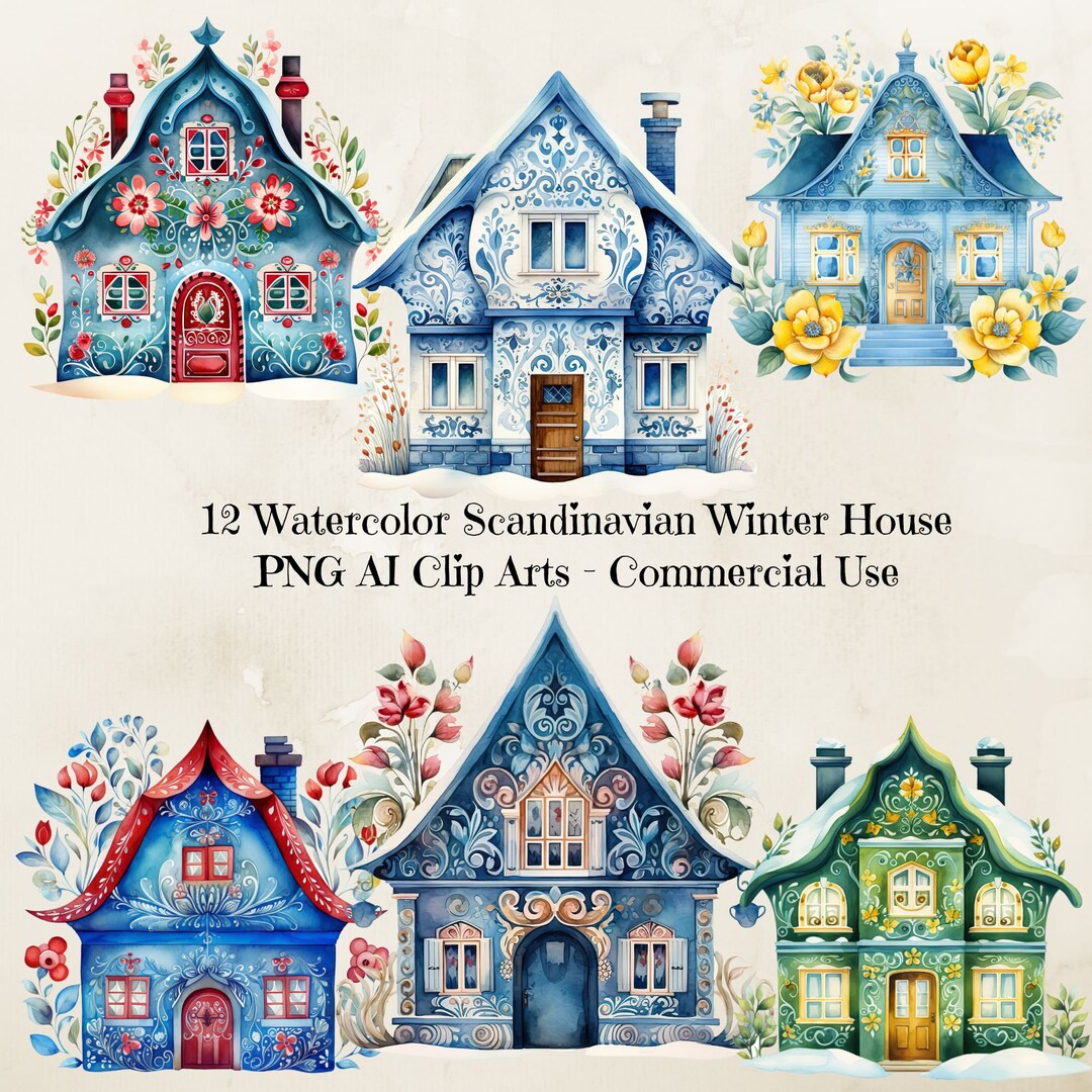 Watercolor Nordic Houses Clipart, Scandinavian Houses Clipart, Winter ...
