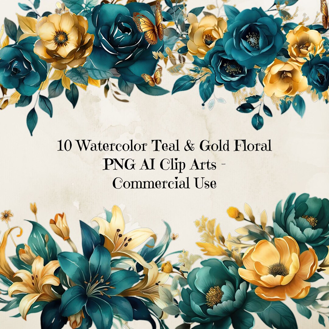 Teal and Gold Floral Clipart, Gold Teal Floral, Teal Gold Roses, Gold ...