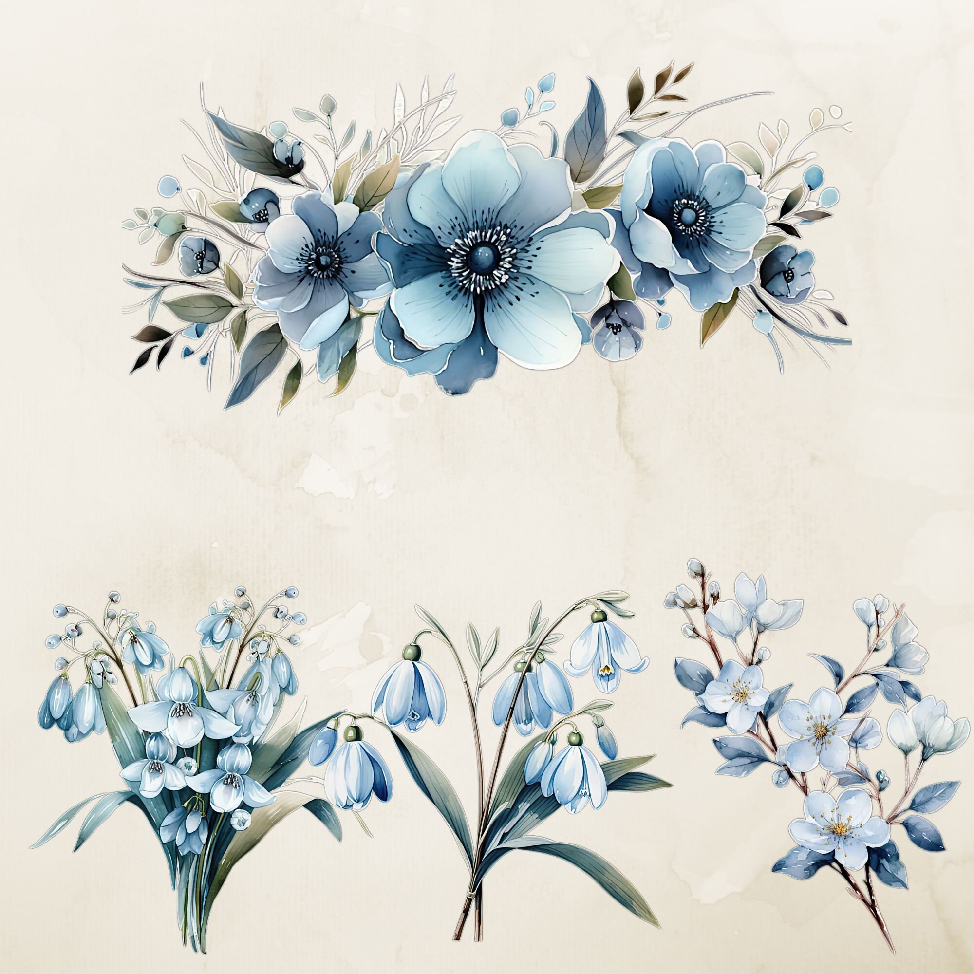 Watercolor Floral Winter Clipart Dusty Blue, Dusty Blue Floral Border ...