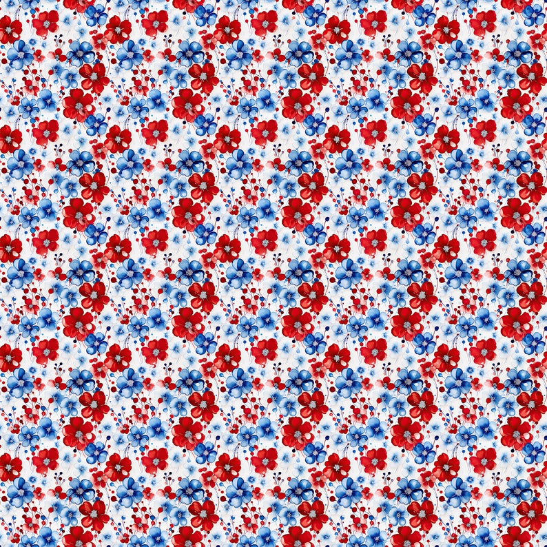 Red White and Blue Flower Digital Paper, Red White Blue Flowers Repeat ...