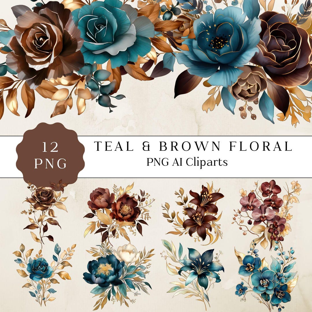 Teal and Brown Floral Clipart, Watercolor Flower PNG Set, 12 High ...